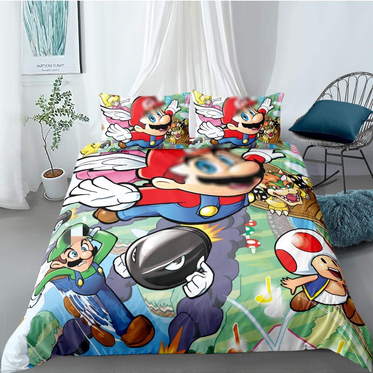 LARIAU Cartoon Duvet Cover,Game Characters Super Bros 3D Print Bedding King 3 Piece Sets for Kids Boys, Lightweight Soft Microfiber Quilt Set with Matching Pillowcase Ma1