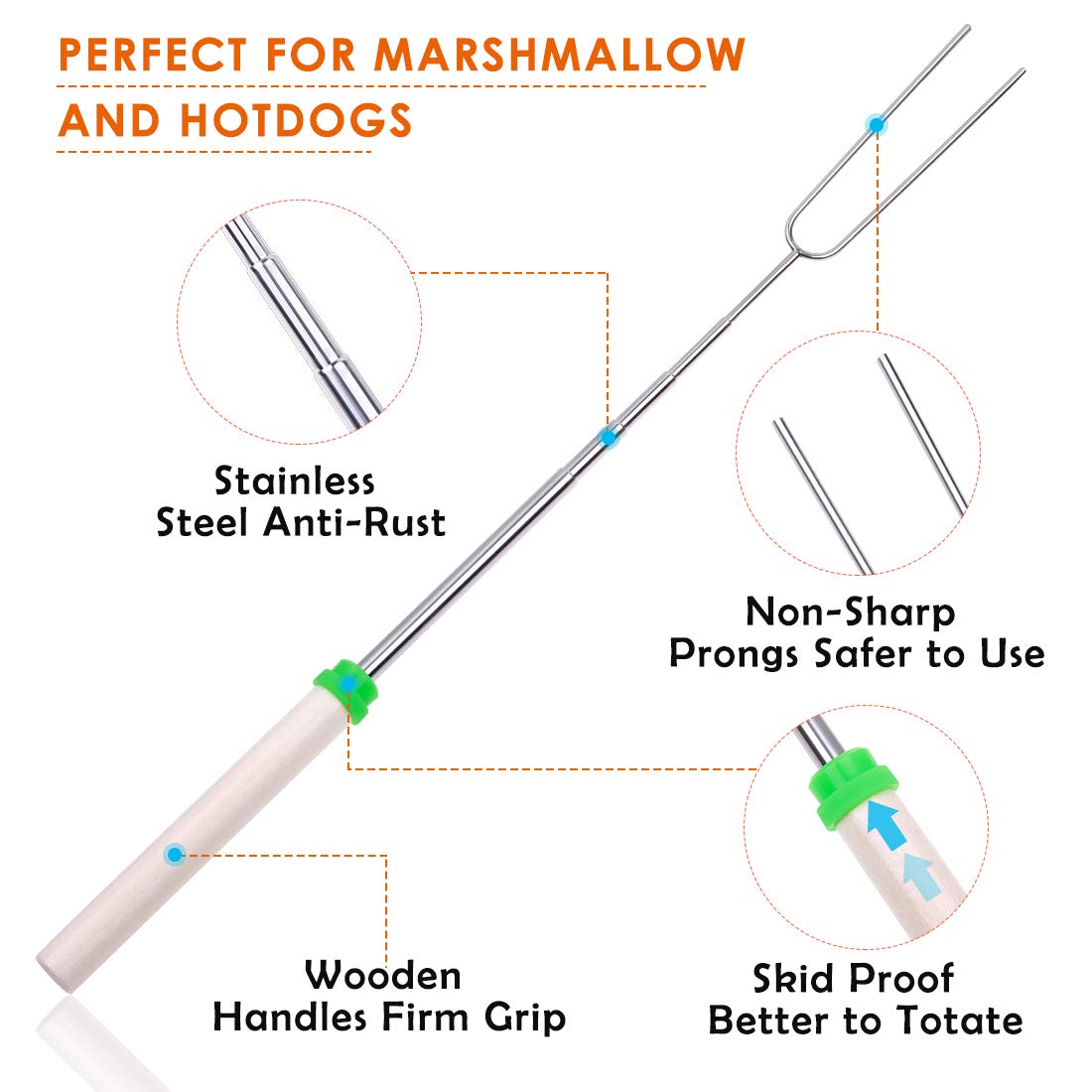 Marshmallow Roasting Sticks, Smores Skewers for Fire Pit, with Wooden Handle, Stainless Steel Telescoping Roasting Sticks, 32β Extendable Smores Sticks for Fire Pit, Campfire and Sausage BBQ Set of 6