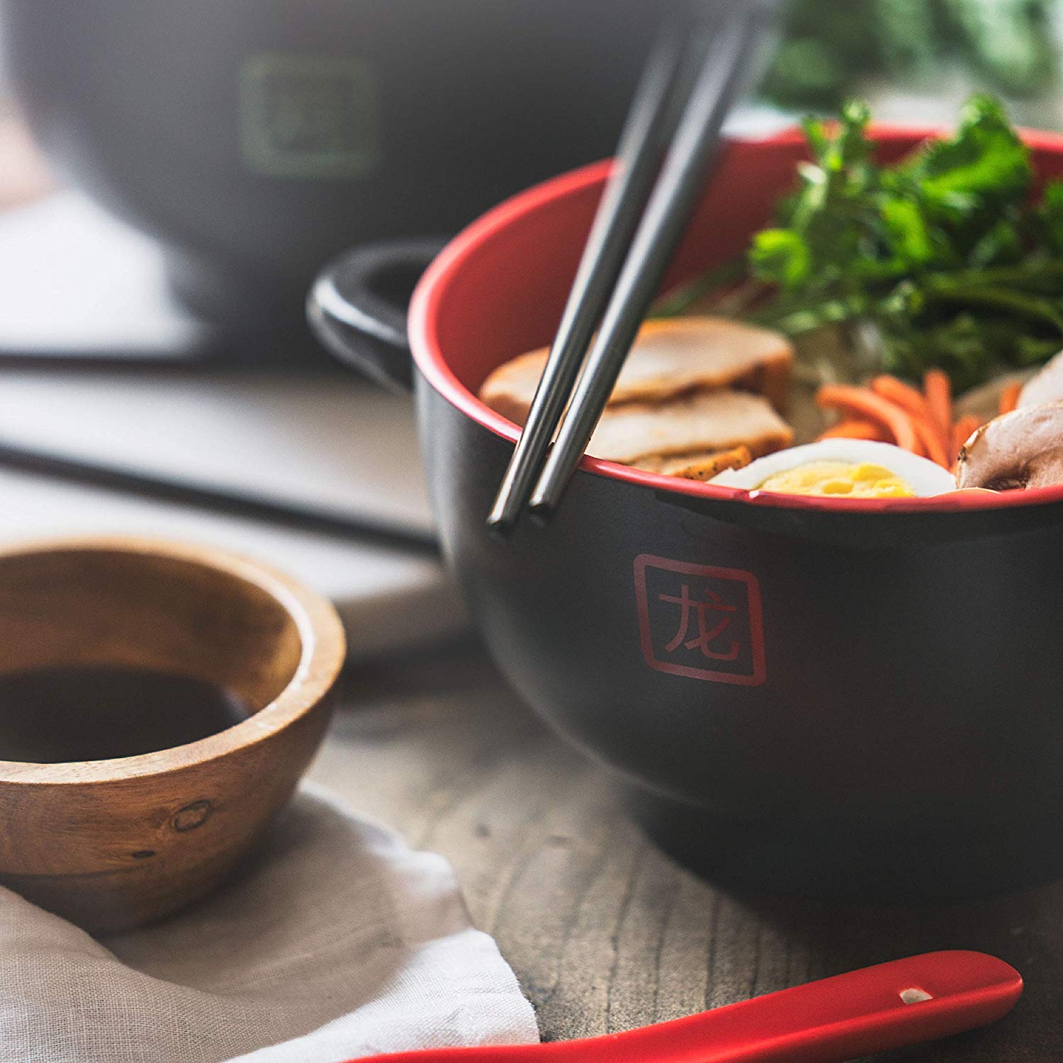 Red Dragon Large Ramen Bowl Set with Chopsticks & Soup Spoon - Microwavable & Durable Ceramic Ramen Bowl and Spoon Set for Noodles, Pho Bowls, Soup, Ramen, Udon, Miso, Thai, Curry & Soba (23 Ounce)