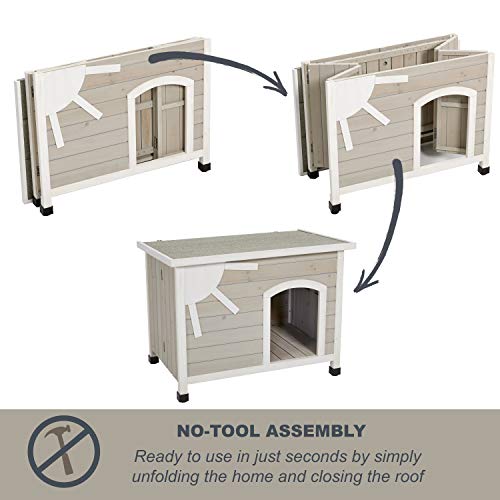 MidWest Homes for Pets Eilio Folding Outdoor Wood Dog House, No Tools Required for Assembly | Dog House Ideal for Medium Dog Breeds, Beige (12EWDH-M)