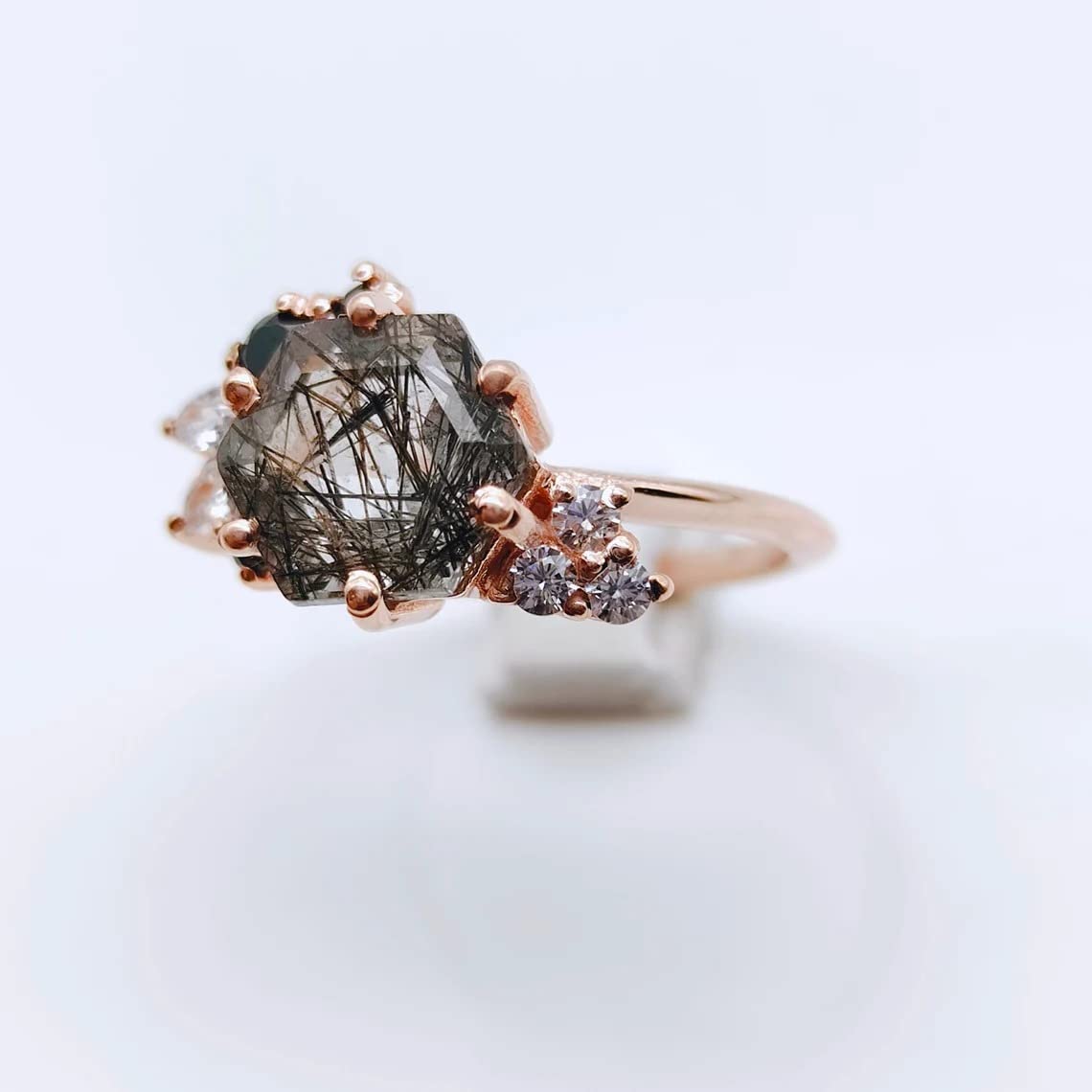 Rings For Women Hexagon Cut Black Rutilated Quartz Ring Vintage Unique Ring Marquise Cluster Black Spinel, Gift Beautiful Wedding Ring BY FOREVER GEMS & JEWELS, Rose Gold,White,Silver