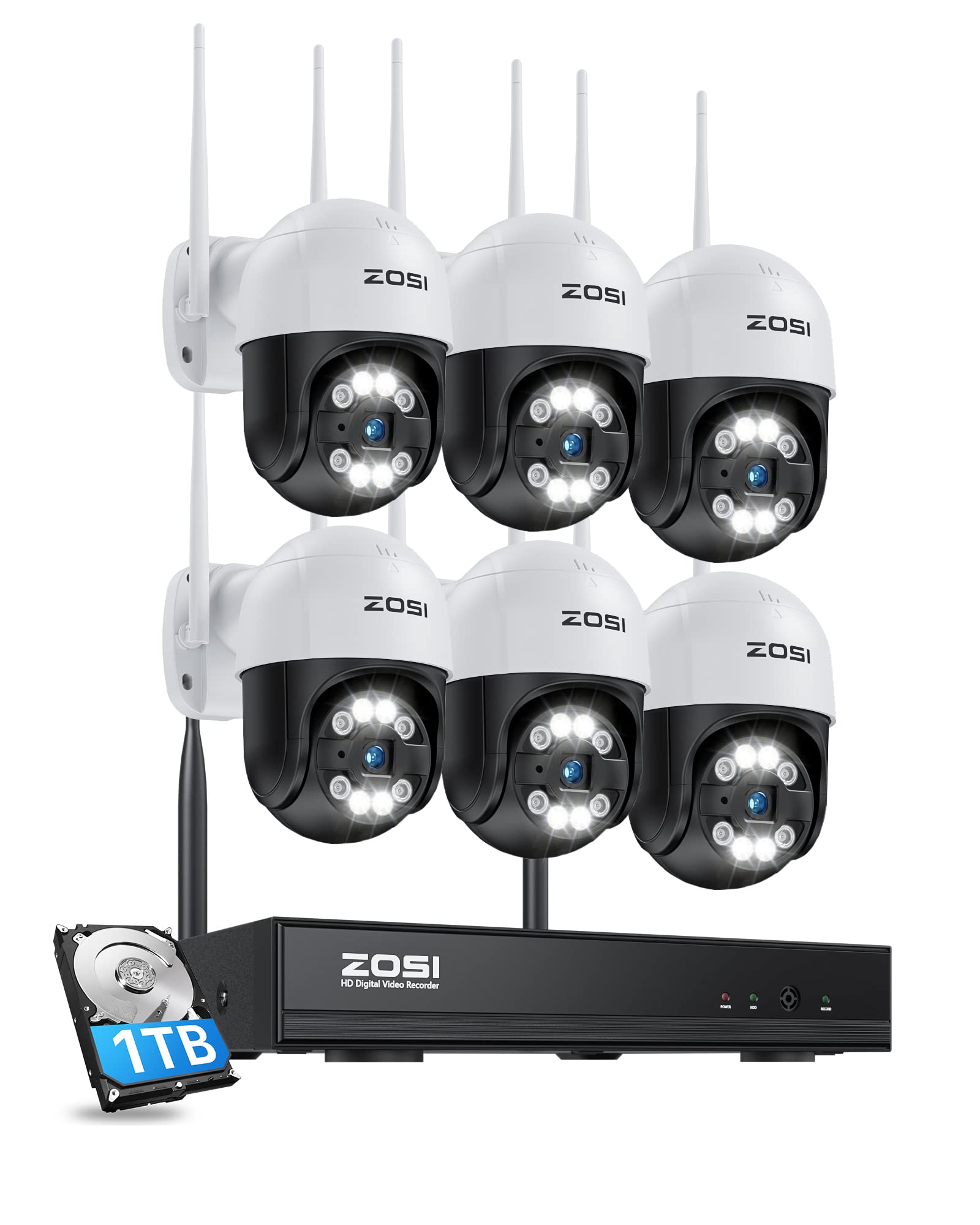 ZOSI 2K PTZ Wireless Security Camera System,6pcs 3MP Pan/Tilt Cameras Outdoor Indoor,8CH 3MP WiFi Surveillance NVR with 1TB HDD,Night Vision,Spotlight & Siren,AI Human Detection,for 24/7 Recording