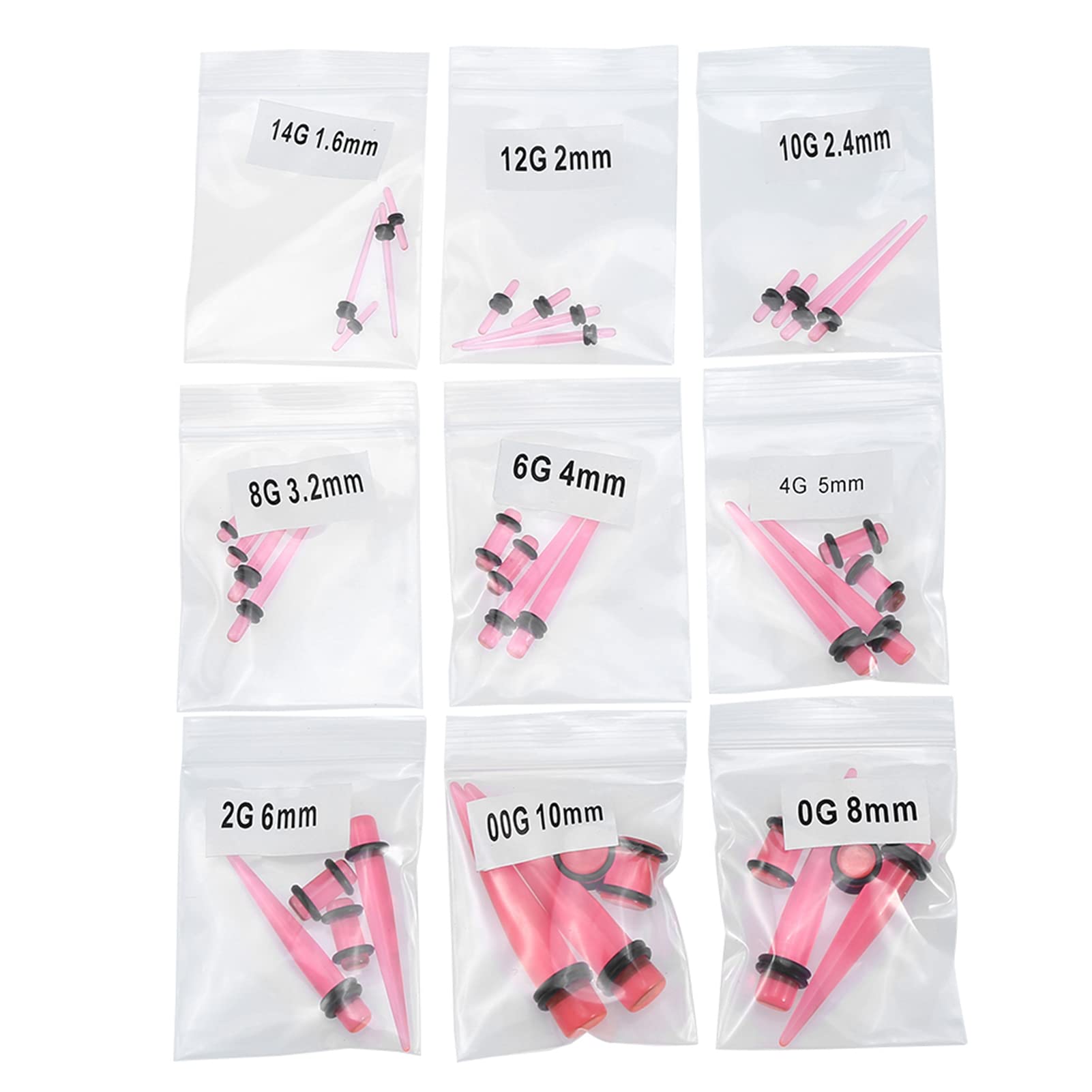 POCREATION Ear Gauges Stretching Kit, 8 Types Fashionable Acrylic Stretcher Ear Plug Taper Expander O-Ring Stretching Kit Body Piercing Jewelry(Transparent pink)