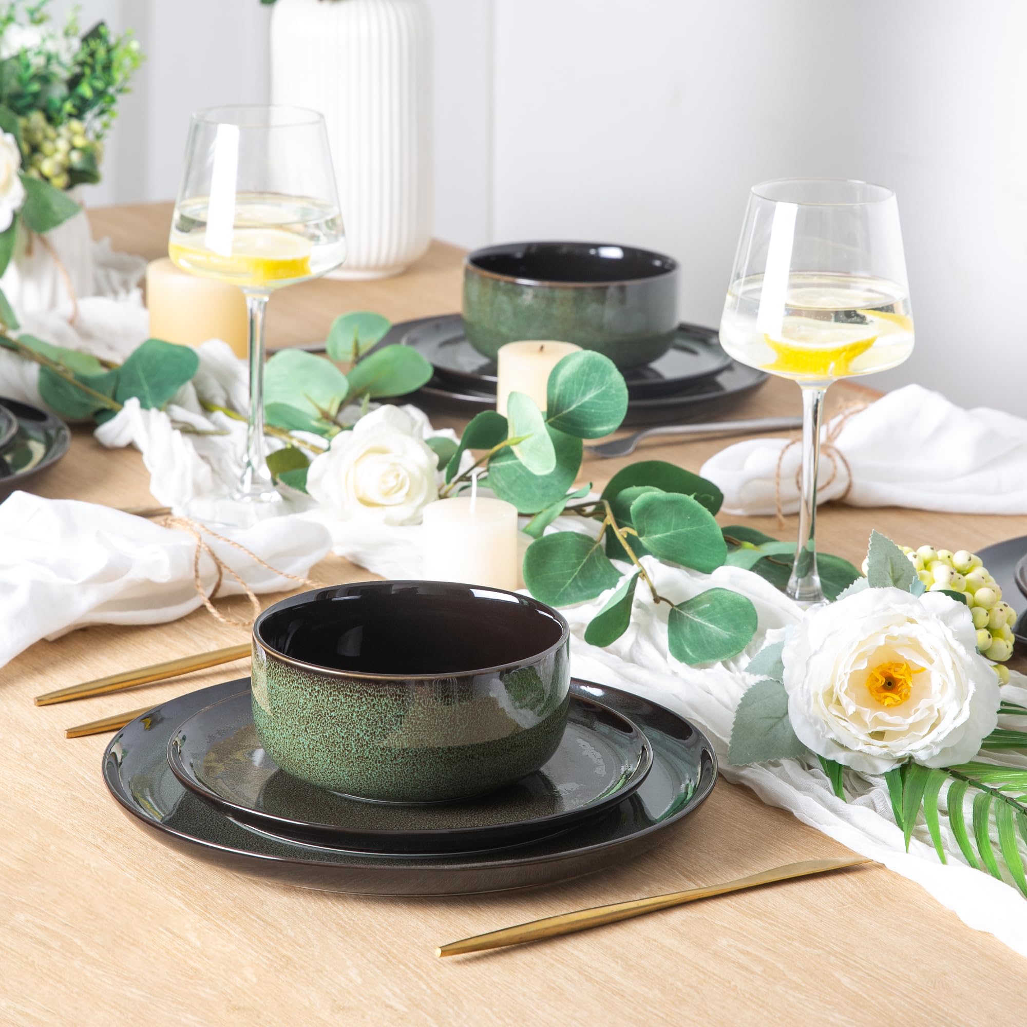 LeRatio Ceramic Dinnerware Sets of 4,Poreclain Plates and Bowls Sets,Handmade Reactive Glaze Dishes Set,Chip Resistant and Scratch Resistant | Oven&Dishwasher & Microwave Safe,Service for 4-Green