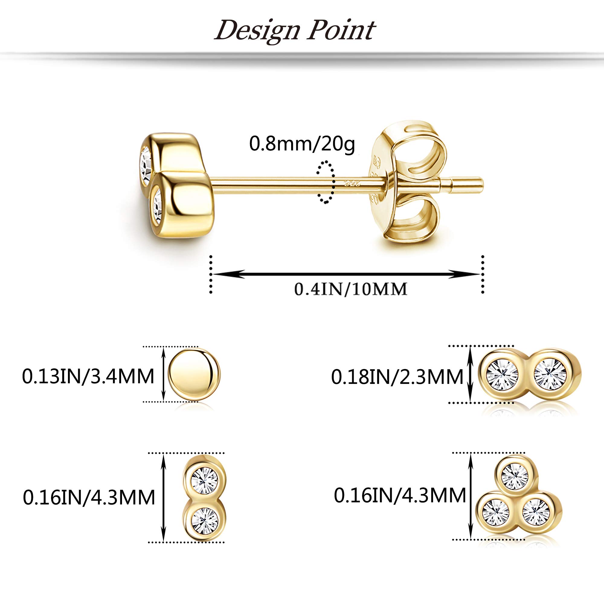 Milacolato 3Pairs Sterling Silver Tiny Stud Earrings 14K Gold Plated Tiny Dot/Trio Cubic Zirconia Stud Earrings Set for Women Men Minimalist Cartilage Piercing Stud Earrings, Gold