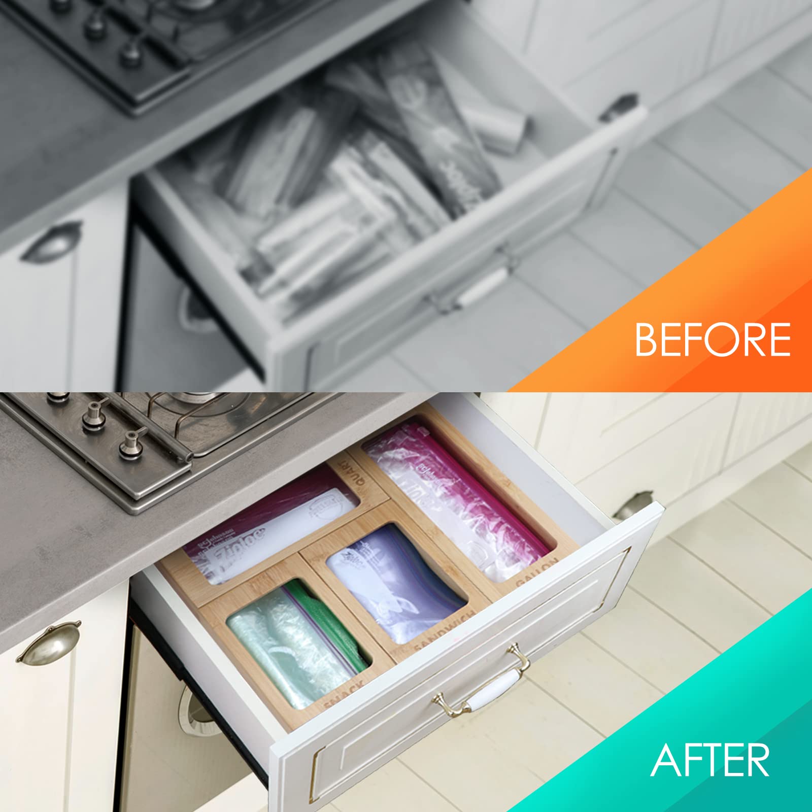Storage Bag Organizer for Kitchen Drawer Organization, Bamboo Ziplock Bag Organizer for Drawer, Plastic Bag Organizer, Compatible with Quart Sliders, Snack & Sandwich Bag Organizer, Food Baggie Holder