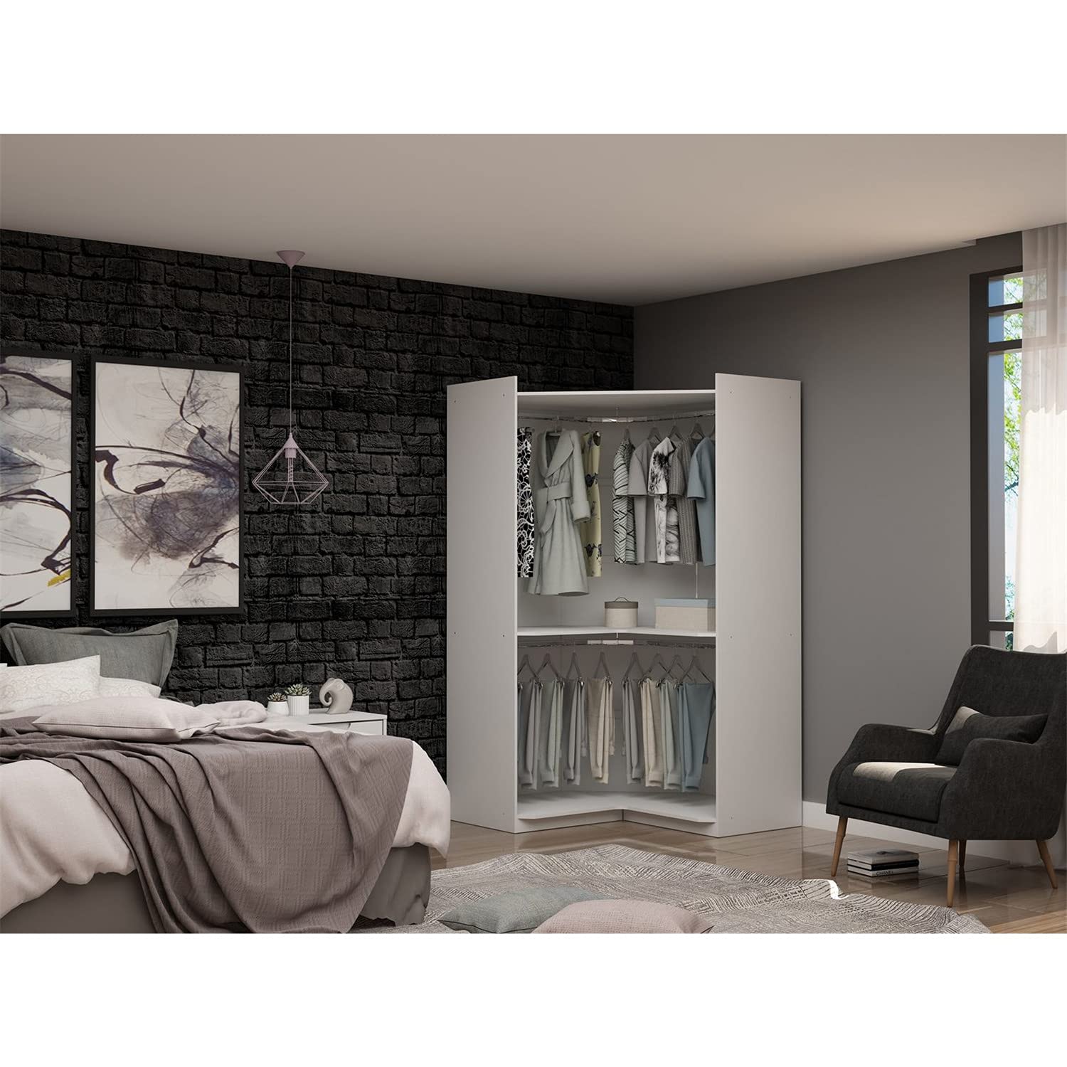 Manhattan Comfort Rockefeller Ultra Modern Open Corner Bedroom Closet with 2 Hanging Rods, 65.91", White