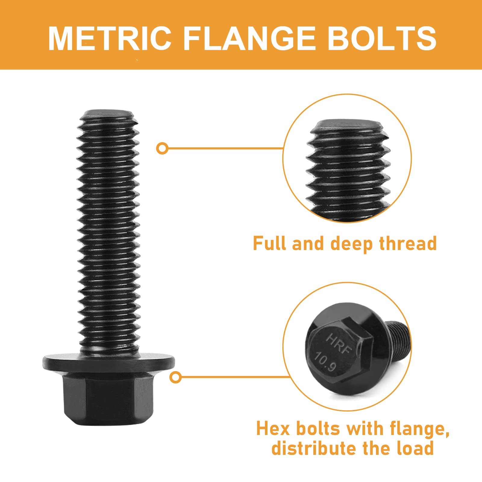 VIGRUE 252Pcs Flange Hex Head Bolts Nuts Washers Kit(12mm to 30mm) Class 10.9 Alloy Steel Black Zinc Plated M6-1.0 M8-1.25 Metric Flange Bolt Assortment Full Coarse Thread