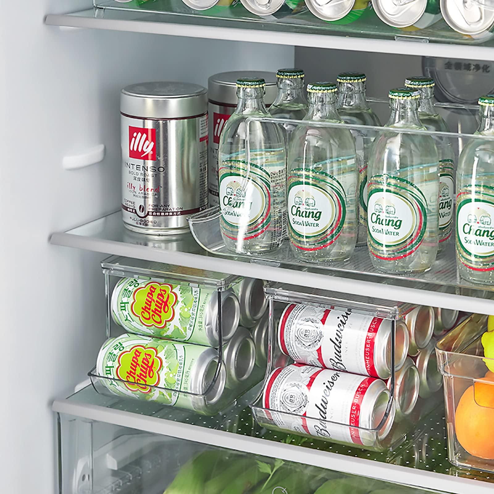 Stackable Soda Can Organizer for Refrigerator (9 Cans), Drink Organizer for Fridge, Pantry, Countertop, Cabinet with Lid, Clear Plastic Canned Food Pantry Storage Rack, 2 Pack