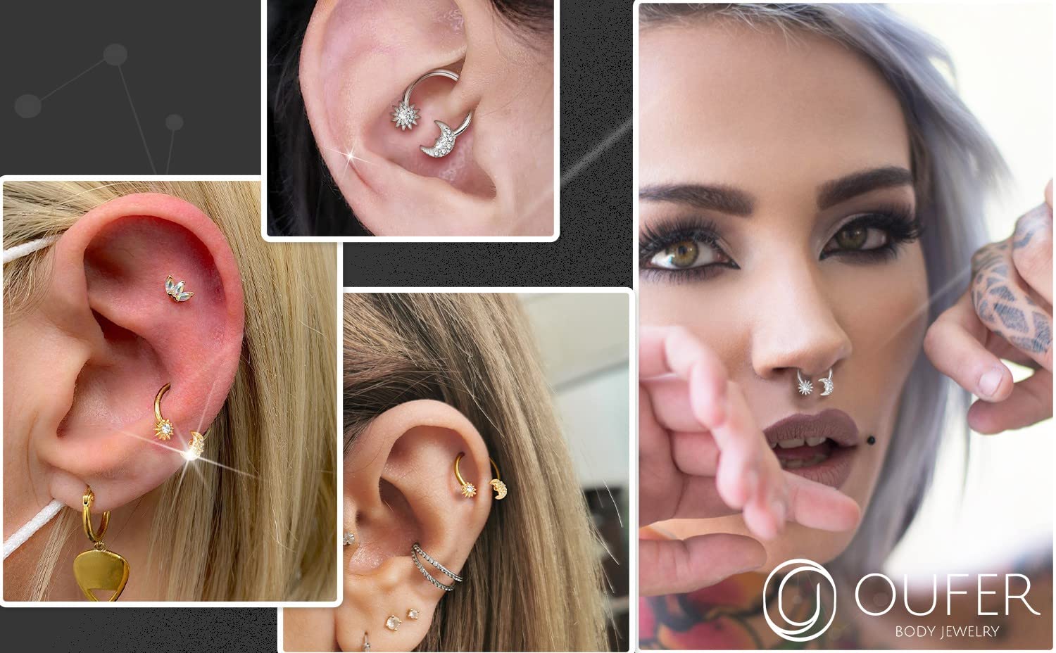 OUFER 16G Septum Rings, Star and Moon Design Nose Ring, Helix Earring, 316L Stainless Steel Tragus Daith Snug Conch Piercing Jewelry,Silver-Color
