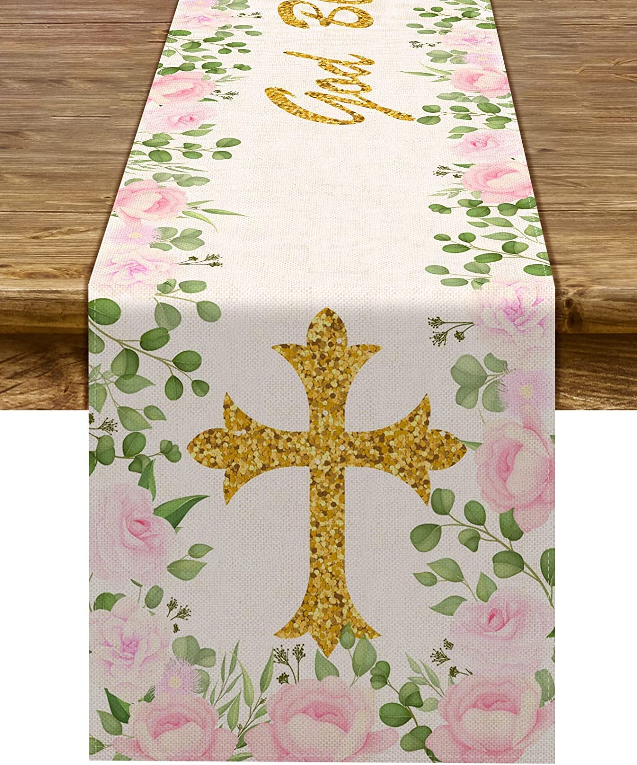 Pudodo Girl Baptism Table Runner God Bless First Holy Communion Christening Baby Shower Party Kitchen Dining Home Decoration (Red, 13" x 108")