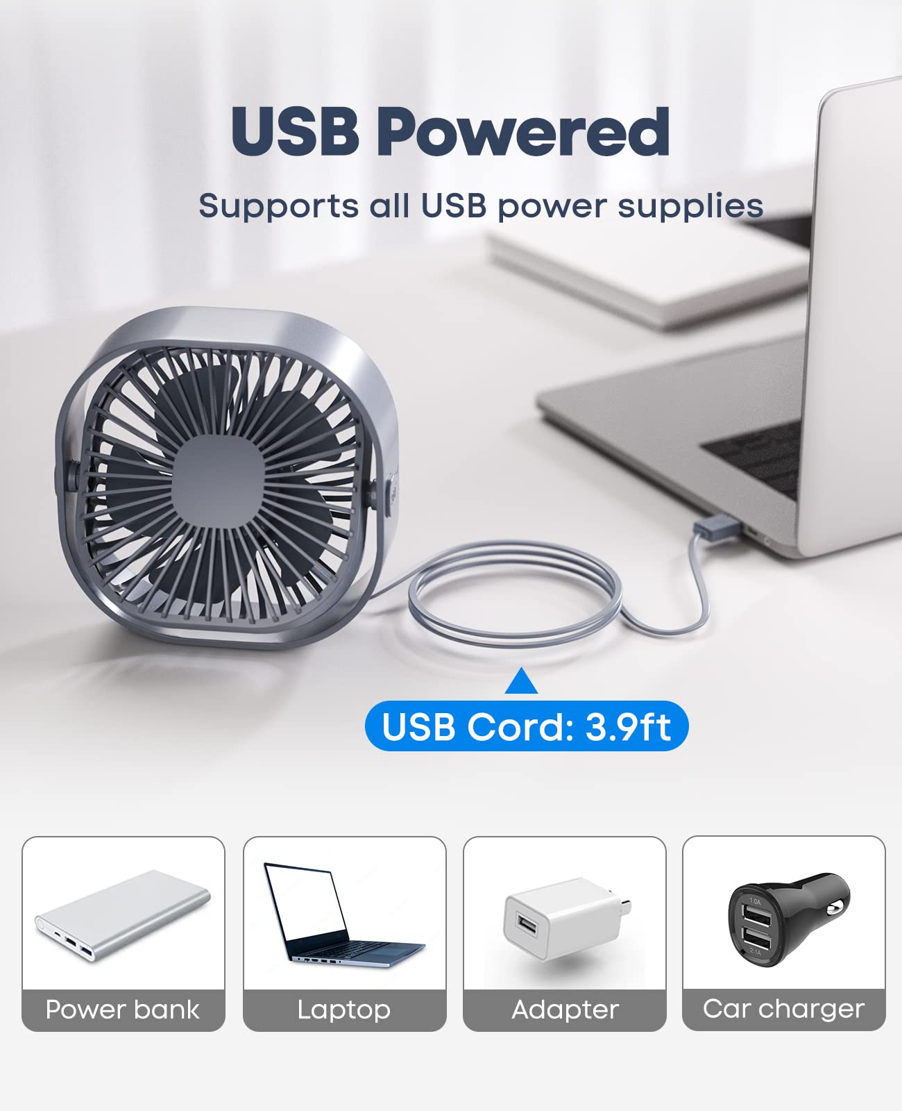 Smilfree Mini USB Desk Fan, 3 Speeds Portable Small Fan, 360° Adjustable Rotation Silent Desktop Fan for Home Office Makeup Personal Fan with Travel