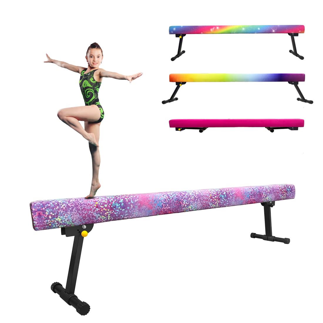 Sealoha 8ft Adjustable&Foldable Balance Beam,High-Low Floor Beam Suede Gymnastics Equipment,No Tool Require,Gymnastics Beam for Training,Physical Therapy and Professional HomeTraining (Polychrome)