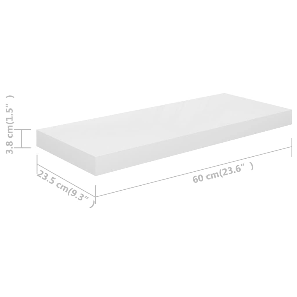 vidaXL Set of 4 High Gloss White Floating Shelves - Durable Honeycomb MDF with Metal Frame - 23.6"x9.3"x1.5"