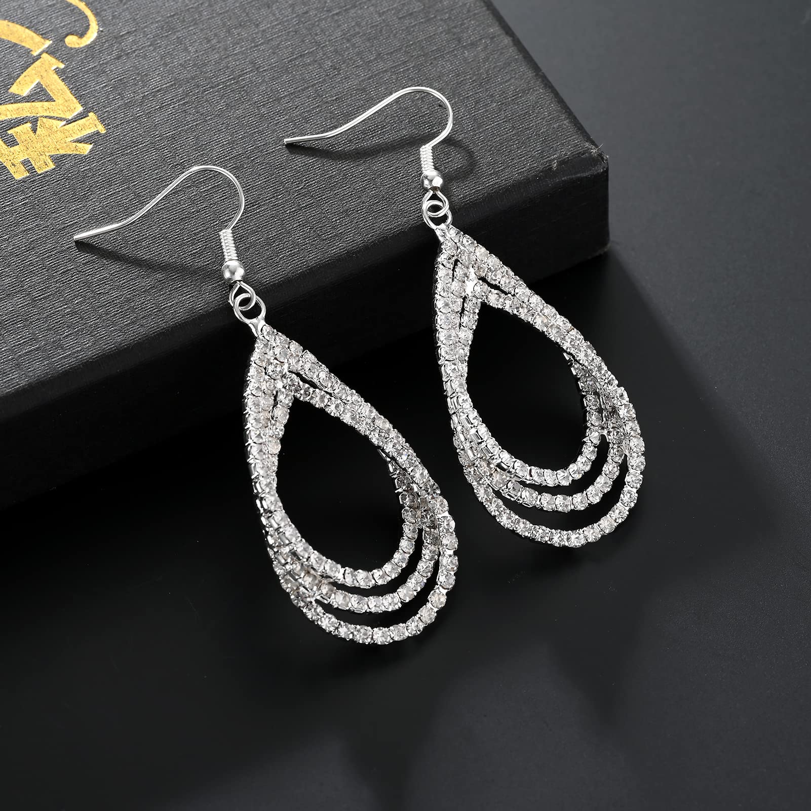 Silver Rhinestone Dangle Earrings Teardrop Statement Drop Earrings Sparkly Silver Prom Bridal Earrings Wedding Jewelry