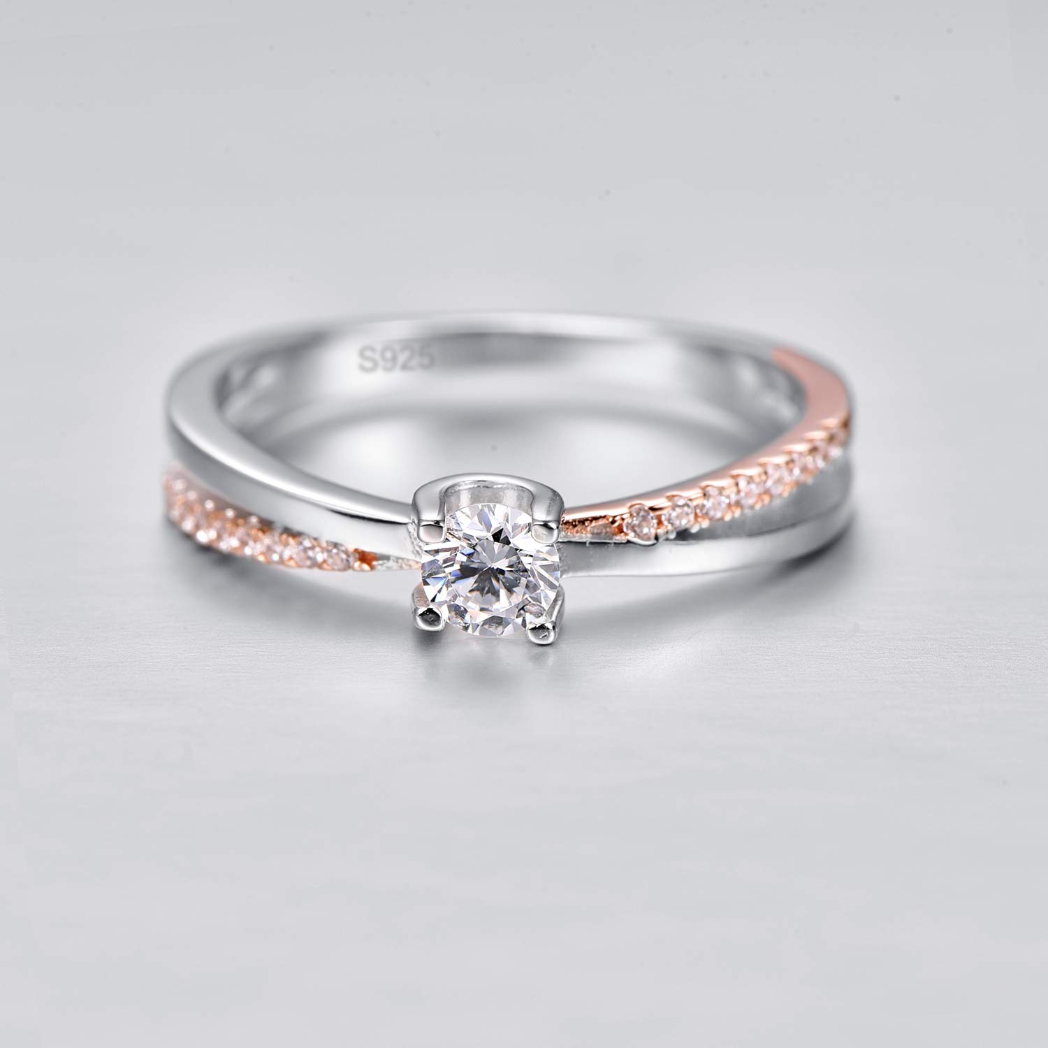 Momius 925 Sterling Silver Created White Topaz 4-Prong Elegant Split Shank with CZ Pave Wedding Engagement Eternity Band Ring for Women Size 6