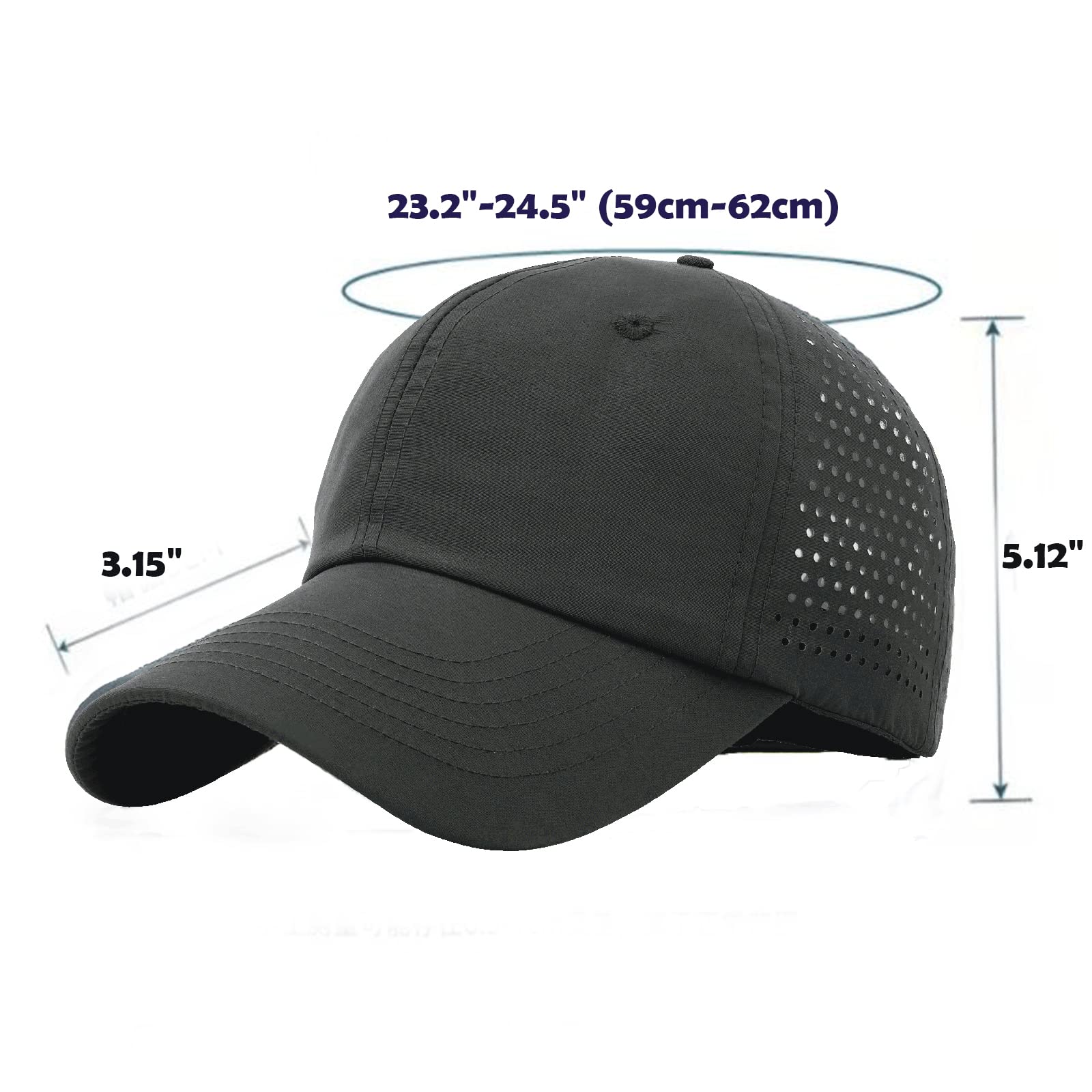 PoKids Men Quick Dry Hat Oversize XL Men Women Baseball Hat Lightweight Mesh Hat Running Outdoor Sport Cap(23.3"-25.5") Black
