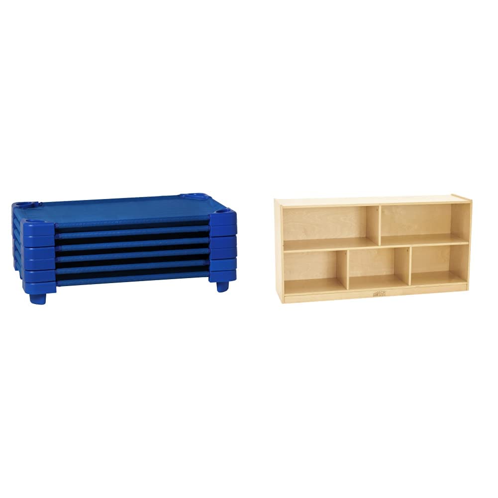 Sprogs Heavy Duty Childrens Standard 52" L Stackable Daycare Cots & ECR4Kids 5-Compartment Mobile Storage Cabinet, 24in, Classroom Furniture, Natural