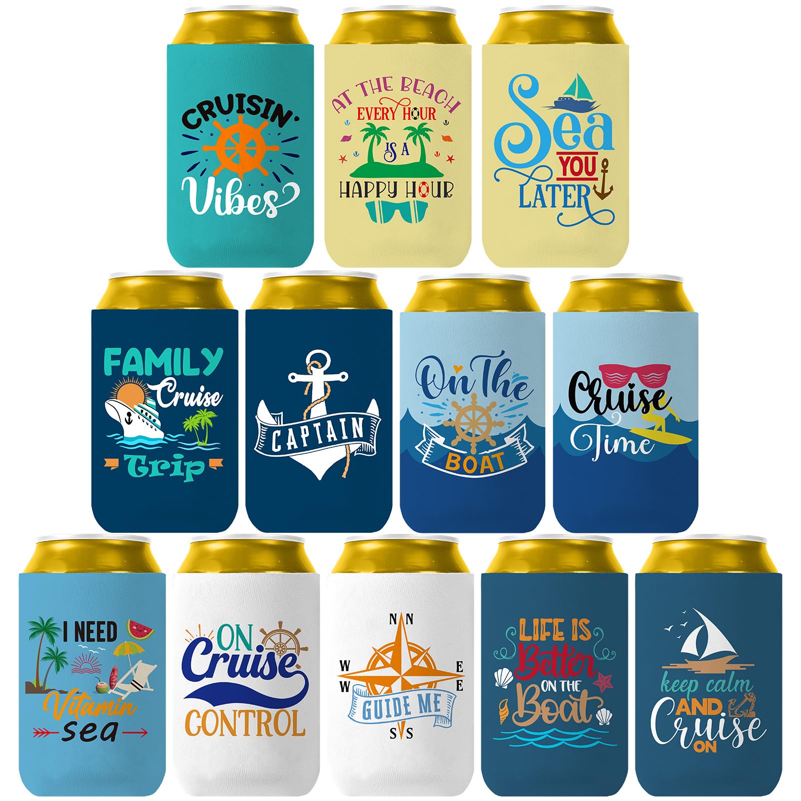 Pop Nordic Cruise Beer Can Cooler - Funny Boating Gifts, 12 Packs Neoprene Can Sleeves for Beer, Perfect Can Cooler Sleeves for Nautical Themed Party, Summer Party Favor