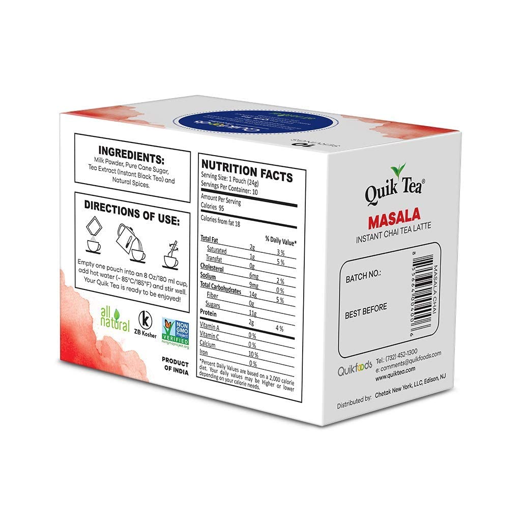QuikTea Masala Chai Tea Latte - 10 Count Single Box - All Natural Preservative Free Authentic Chai