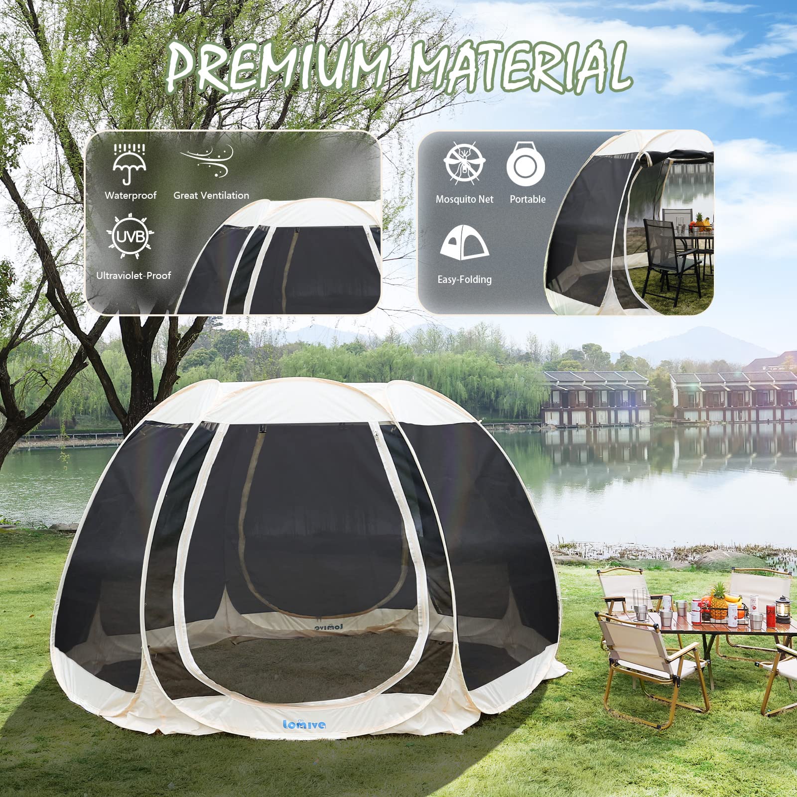 Lomive Screen Gazebo with Thickened Mesh, Pop-Up Screen House Room for 4-15 Persons, Outdoor Camping Tent Canopy for Patios, Mosquito Net, Instant Tent(Not Waterproof)