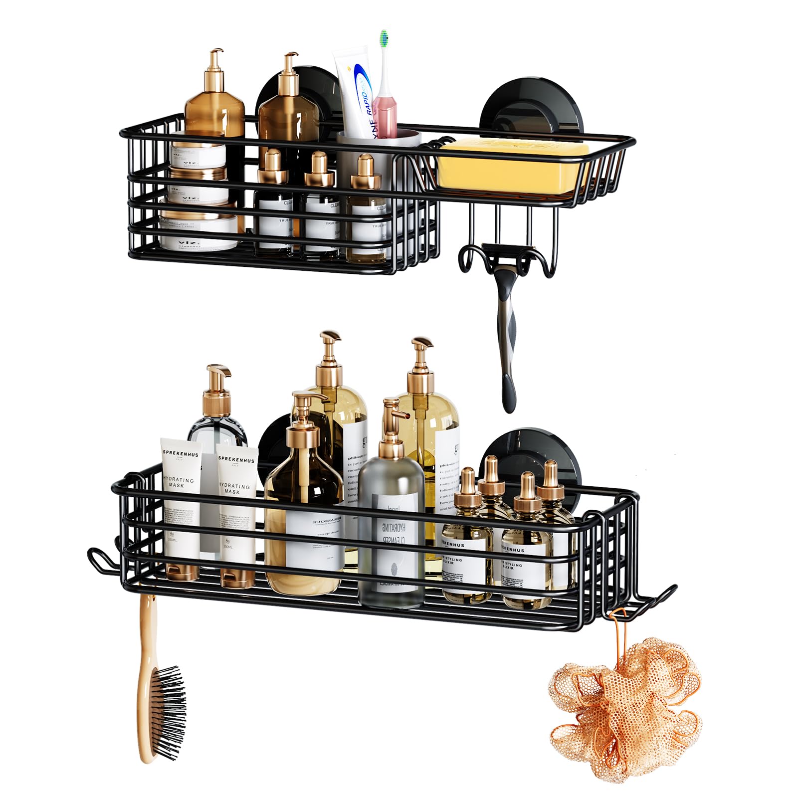 LEVERLOC Shower Caddy Suction Cup, 2 Pack Shower Shelves for Inside Shower with Hooks & Soap holder, NO-Drilling Bathroom Shower Organizer, Rustproof Stainless Steel Shower Holder Storage, Black