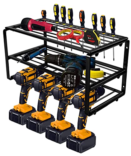 TAYUQEE Power Tool Storage Organizer - Heavy Duty Floating Tool Shelf, Wall Mounted Tool Storage Rack Holds 4 Drills, Metal Cordless Drill Holder Screwdriver Rack for Garage, Home, Workshop