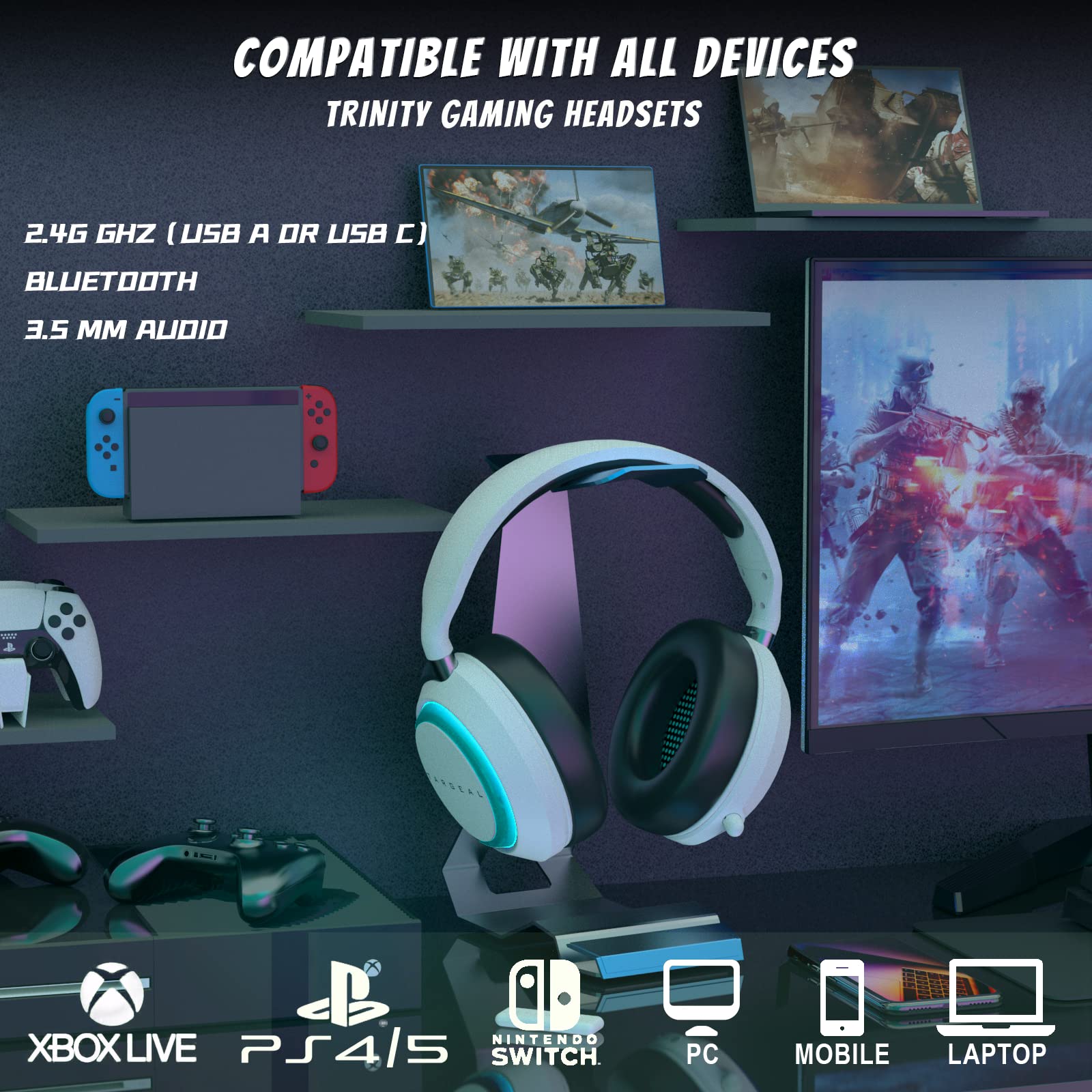 targeal Wireless Gaming Headset with Microphone - for PS5, PS4, PC, Laptop, Mac, Phone, Switch - 2.4G/Bluetooth/3.5mm Connection - RGB Gamer Headphone with Noise Canceling Mic - White