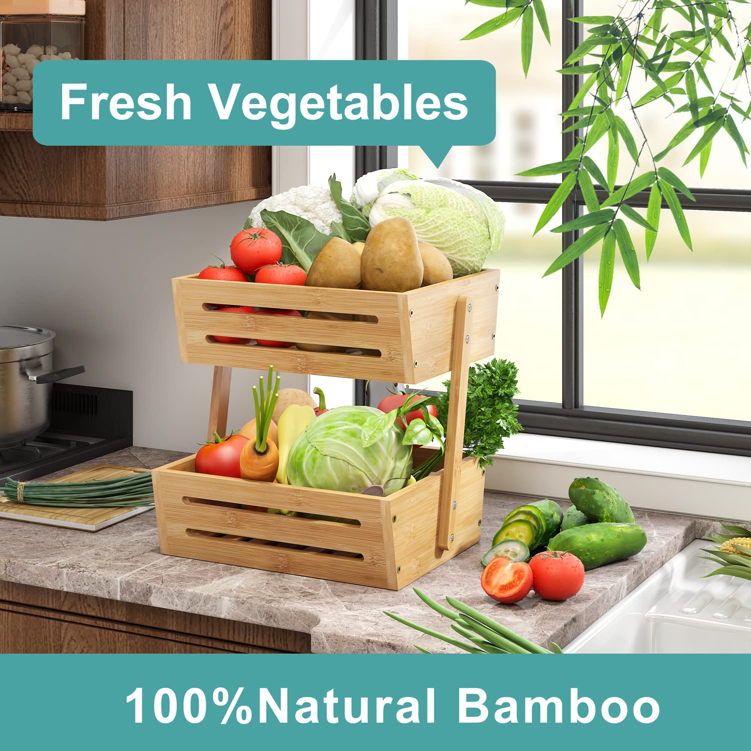 Vriccc Bamboo Fruit Basket, 2-Tier Fruit Bowl for Kitchen Counter, Large Capacity Vegetable Storage Holder, Countertop Organizing for Snacks Display