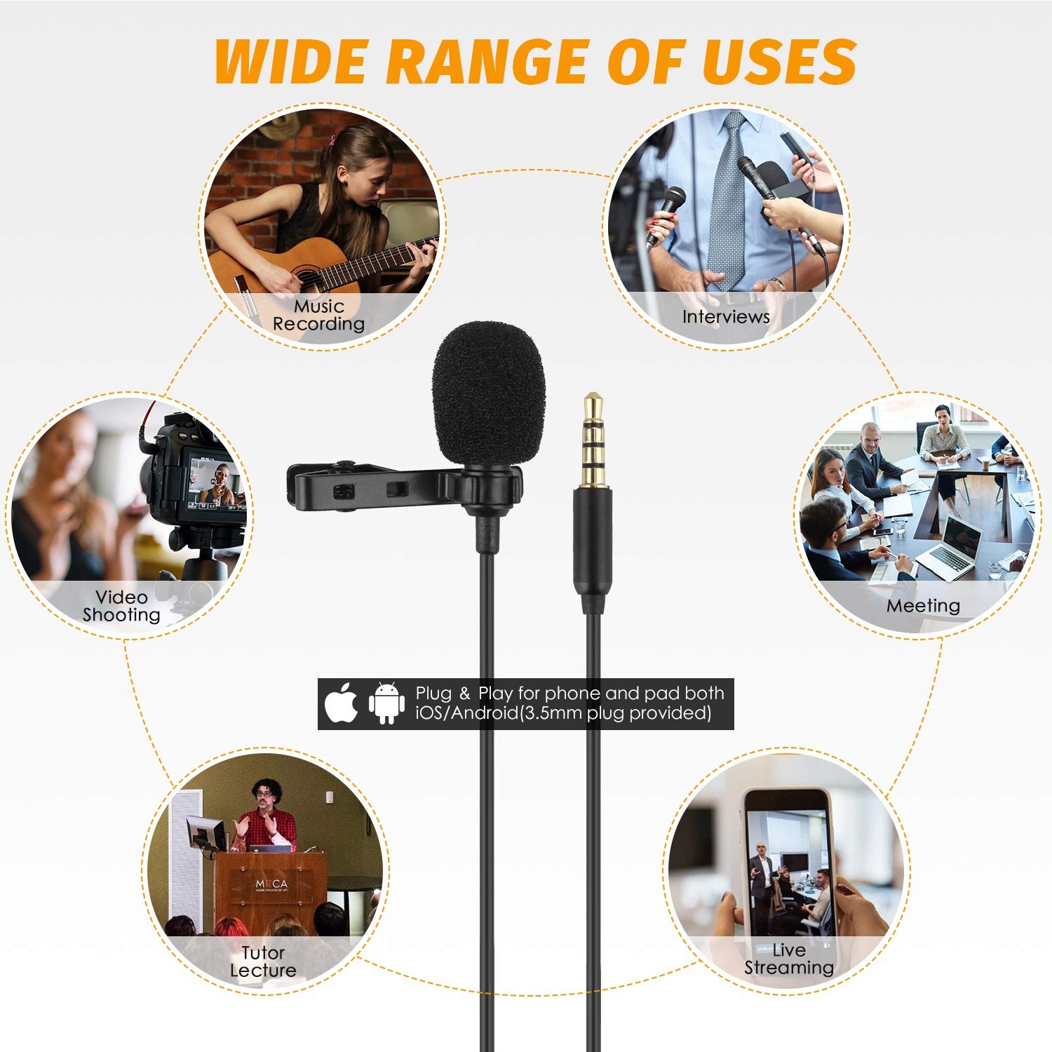 Lavalier Lapel Microphone Kit - Clip on Omnidirectional Lav Mic for iPhone, Ipad, DSLR, Camcorder, Zoom, PC, MacBook, Android, Smartphones,Lapel Mic for YouTube, Streaming, Video Recording