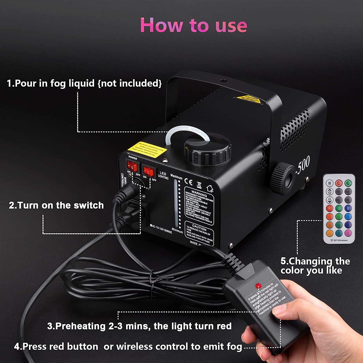 Seasonize Halloween Fog Machine with 6 LED Lights 500W Smoke Machine with 12 Color Effect, 2000CFM Fog with Wired and Wireless Remote Control