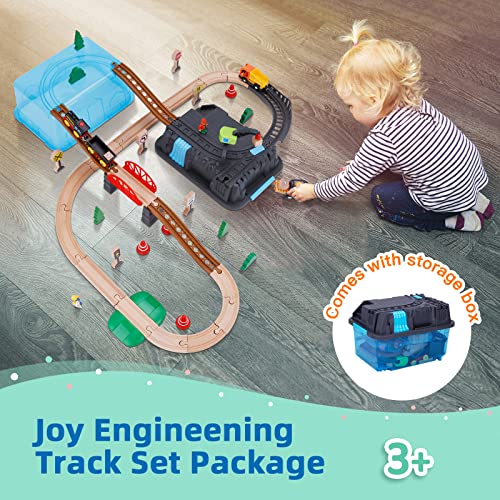 TOOKYLAND Wooden Train Track Set with Dual-use Storage Box,with Wooden Train Sets for Boys Fits Thomas and More