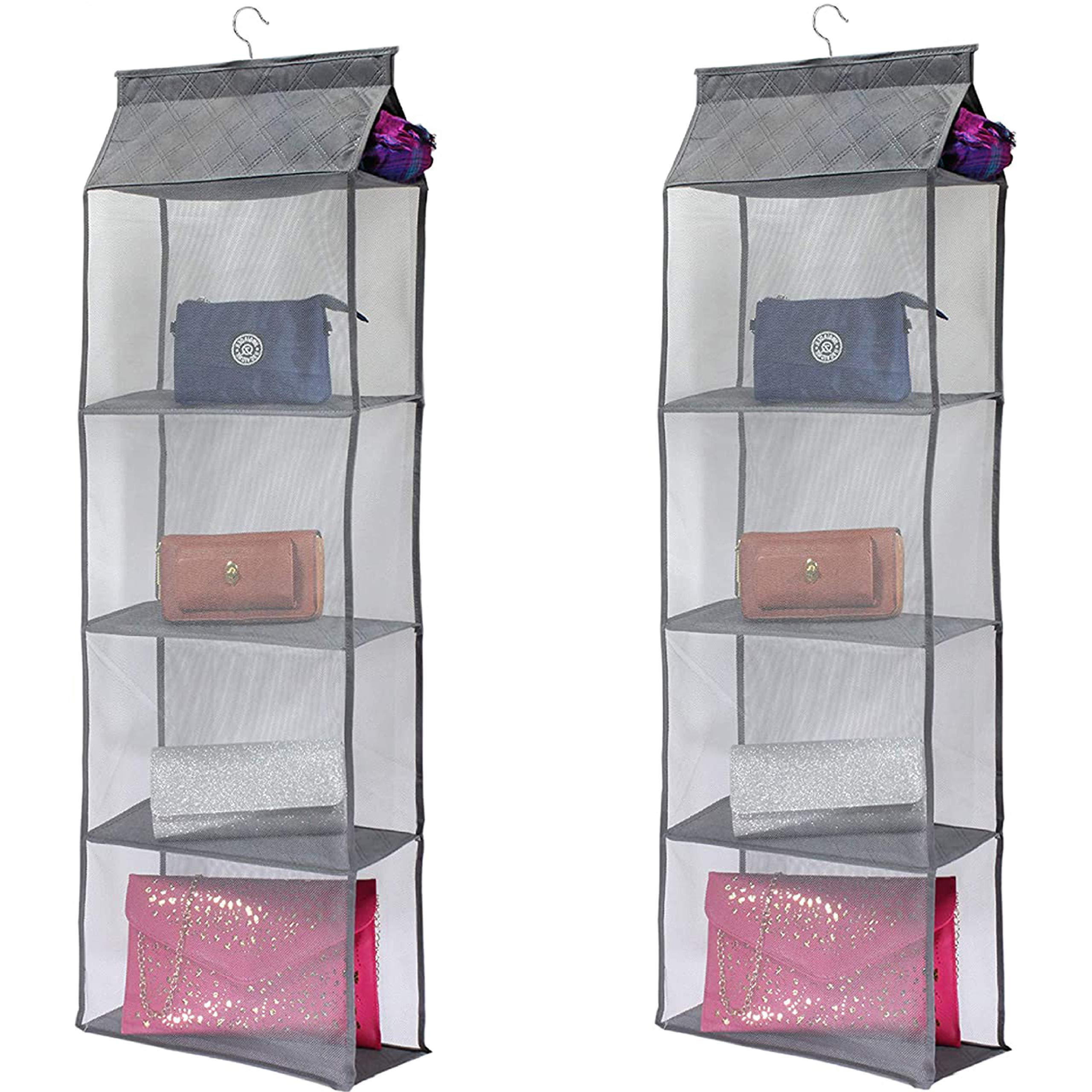 MIGHTY TIDY HOME New and Improved XL Size Hanging Handbag Purse Organizer for Closet | 2 Pack, 10 Shelves Total | Space Saving Hand Bag Storage Holder for Wardrobe Closet (Neutral Tone)
