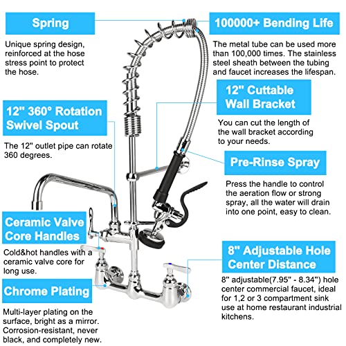 TCEUMIK Commercial Kitchen Sink Faucet with Pre Rinse Sprayer 8'' Center 25'' Height 12'' Swivel Spout Adjustable Wall-Mount Kitchen Faucet for 1, 2, 3 Industrial Restaurant Compartment Utility Sinks