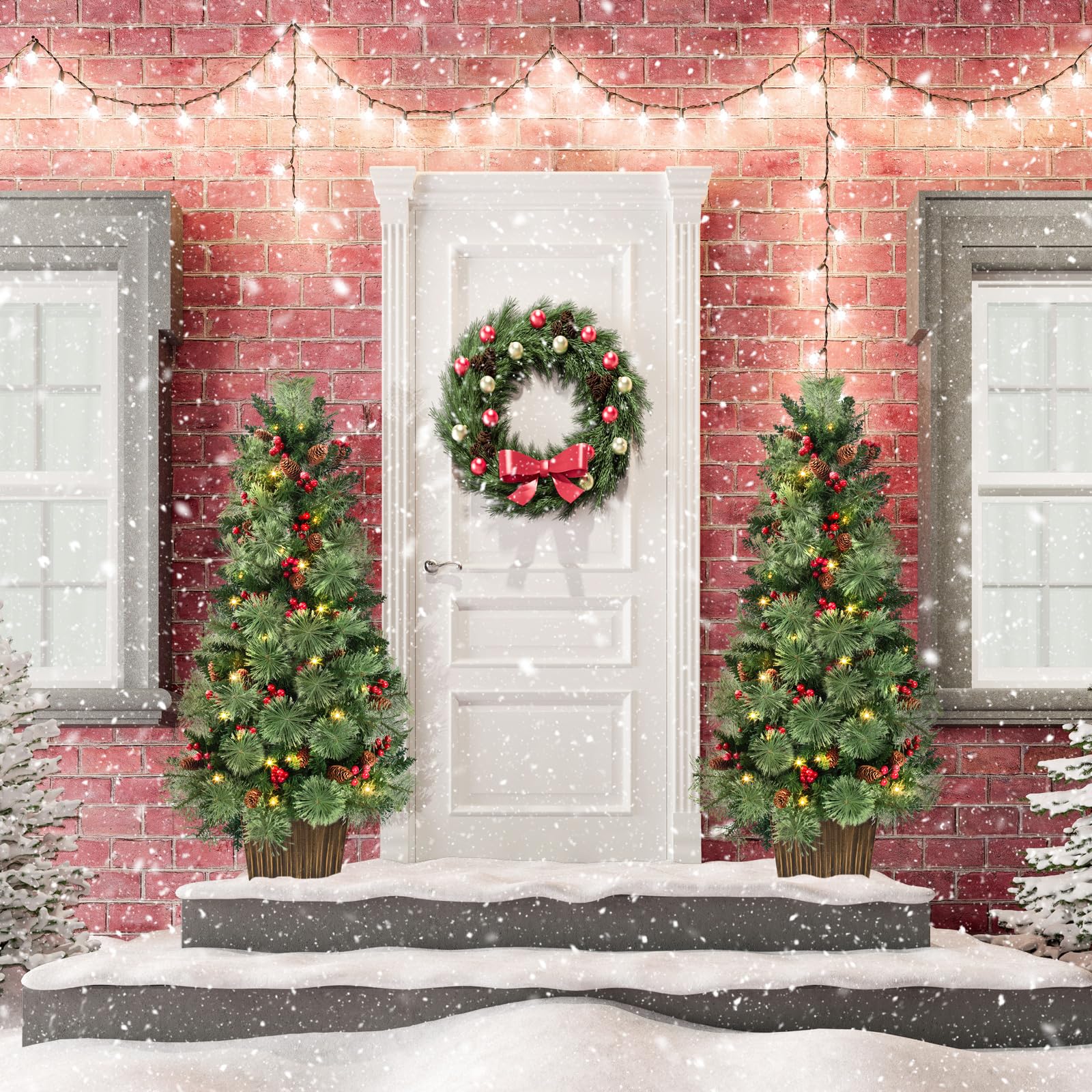 LAVEVE 4FT Pre-lit Christmas Tree Set of 2, 100 Warm White Lights|8 Modes & Timer| Waterproof Battery Box, Festive Berries & Pinecones