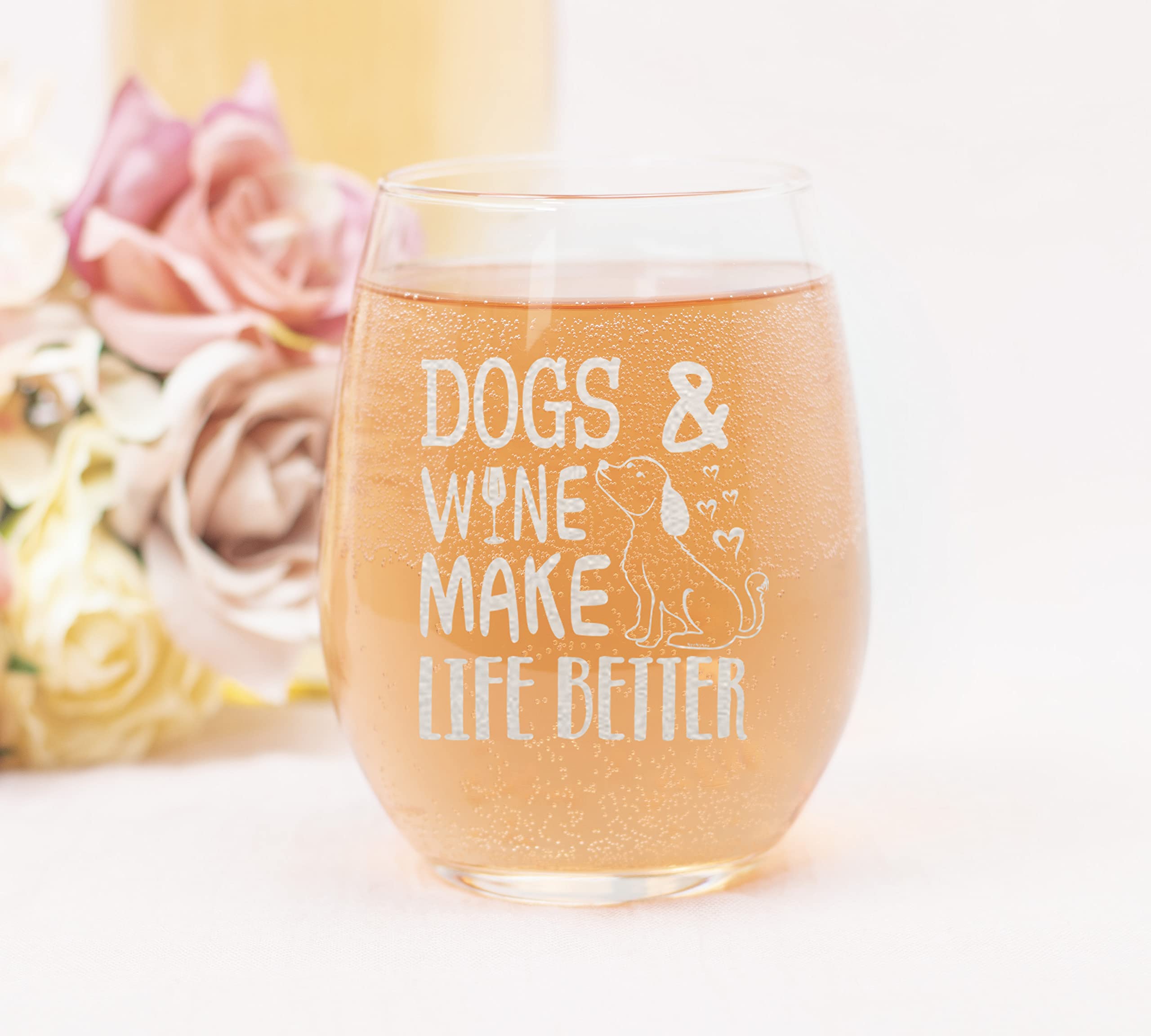 NeeNoNex Funny Gift for Dog Mom Dad Dogs & Wine Make Life Better Stemless Wine Glass - Dog Lover Gift