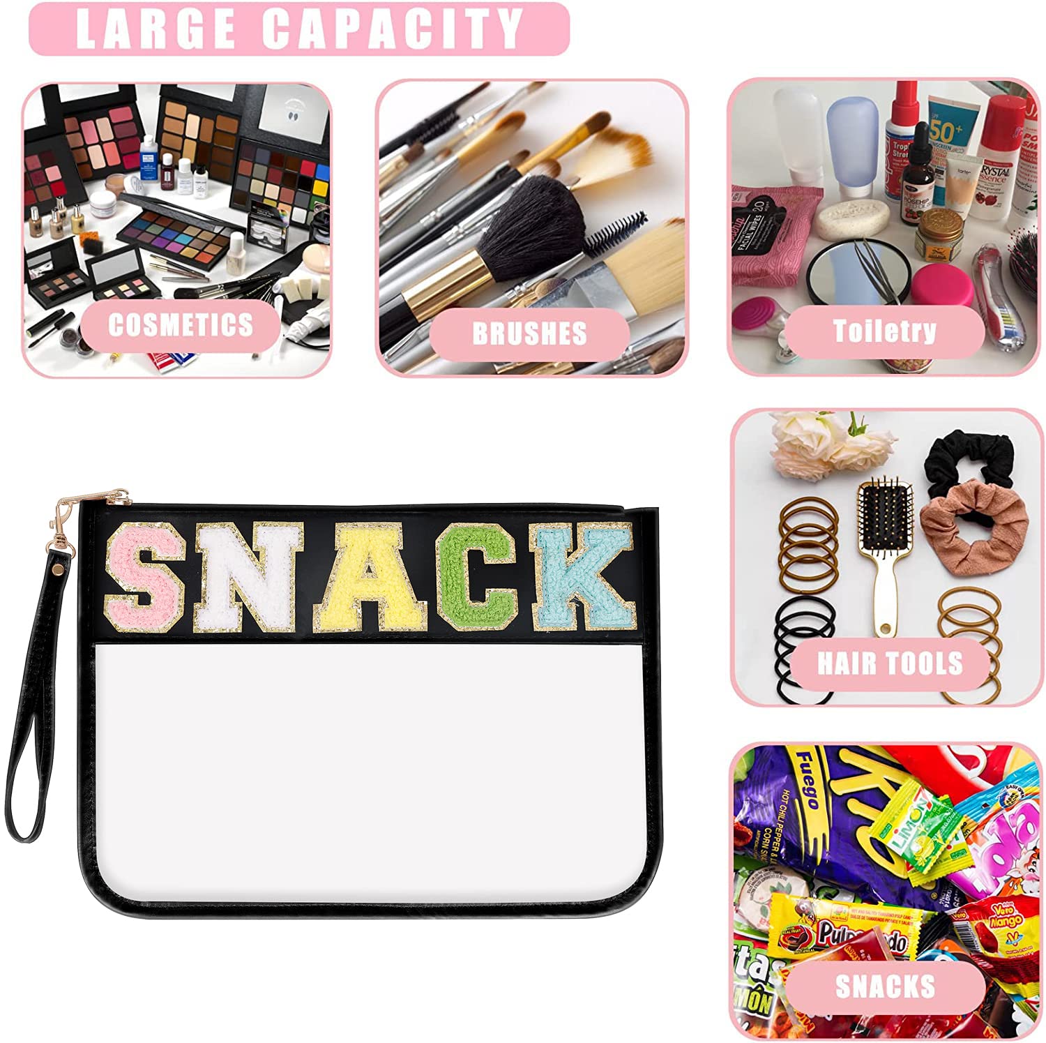 Snacks Bag, Clear PVC Bag for Multi-purpose Use, Waterproof and Dust-proof Monogram Portable Glitter Flat Pouch with Zipper and Wrist Strap for Women (Letter Snack)