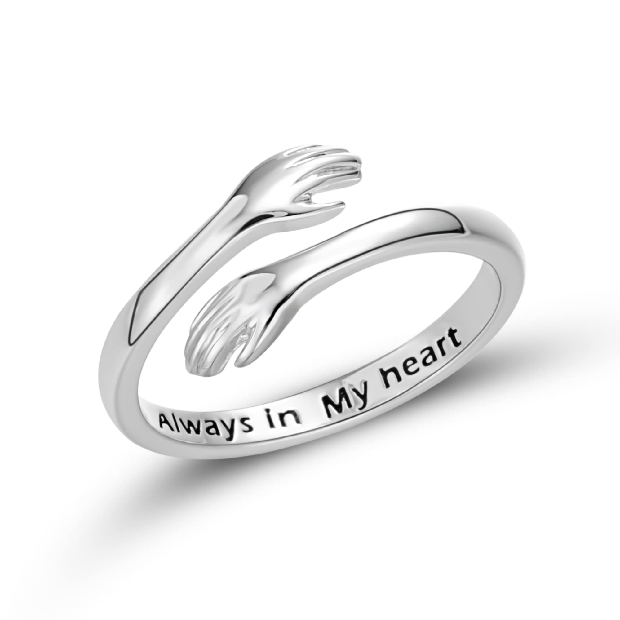 RINHOO Hug Rings for Women 18K Gold Plated Gold Silver Adjustable Ring for Mother Daughter(Always in my heart-Silver)