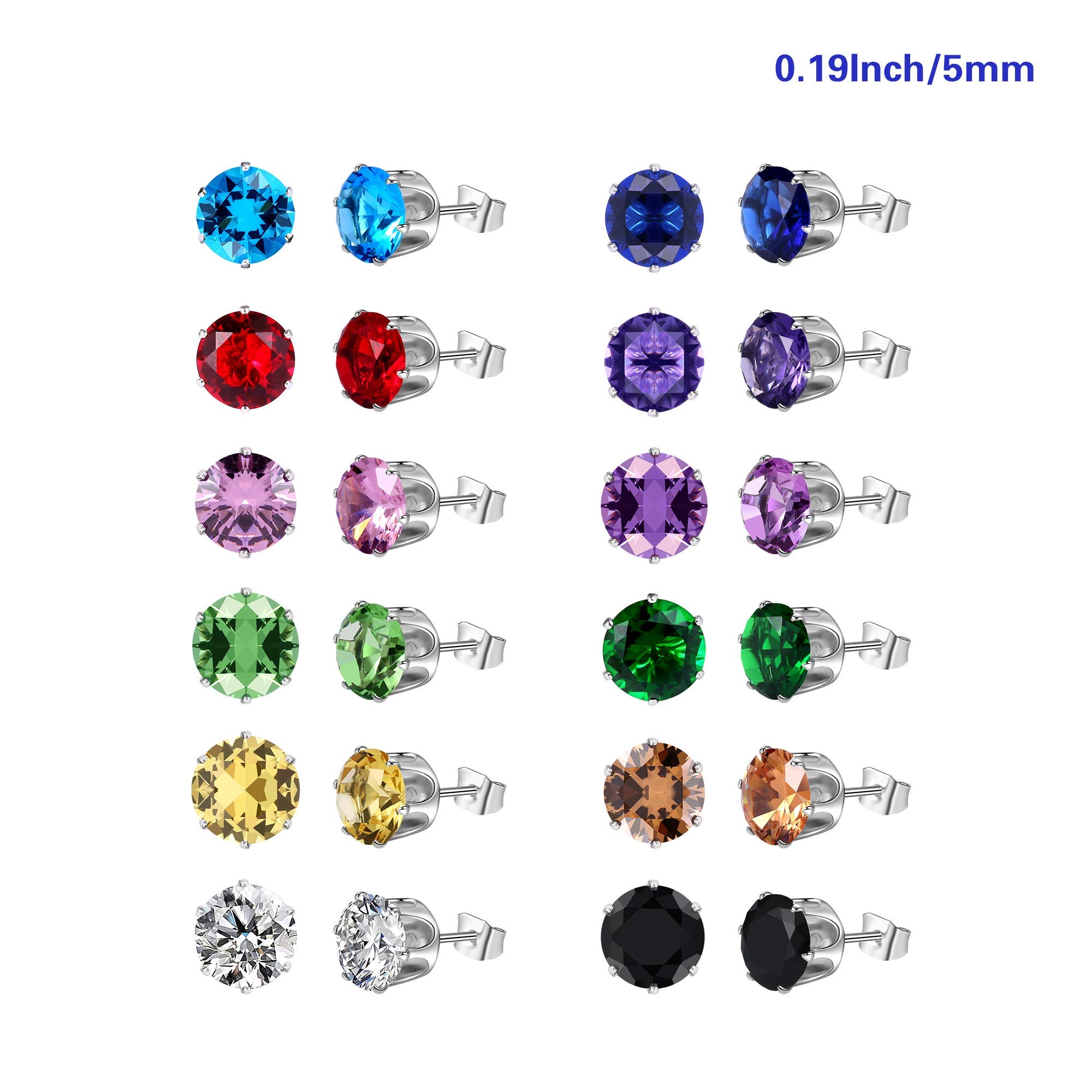 MOOCHI 12 Pairs AAAA Quality Round CZ Stud Earrings Set 5mm Solid Color Gemstones Silver Plated Brass Hypoallergenic Piercing Earring for Women Girls