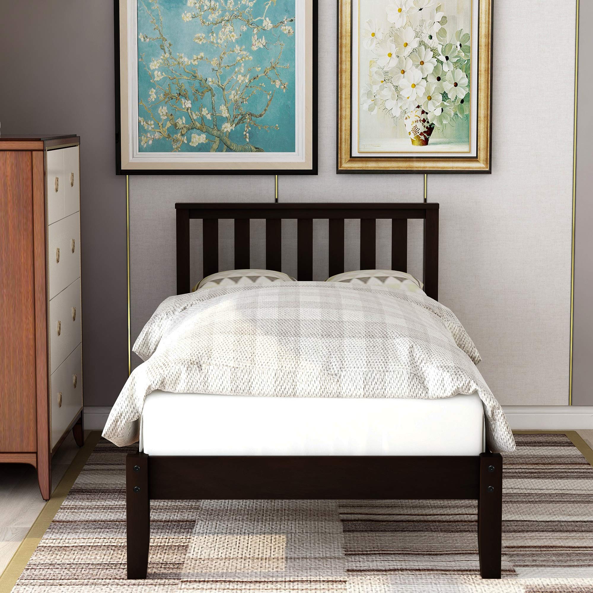 Merax Twin Bed Frame, Platform Bed Twin Size, Wood Platform Bed with Headboard and Wood Slat Support, No Box Spring Needed (Espresso, Twin)