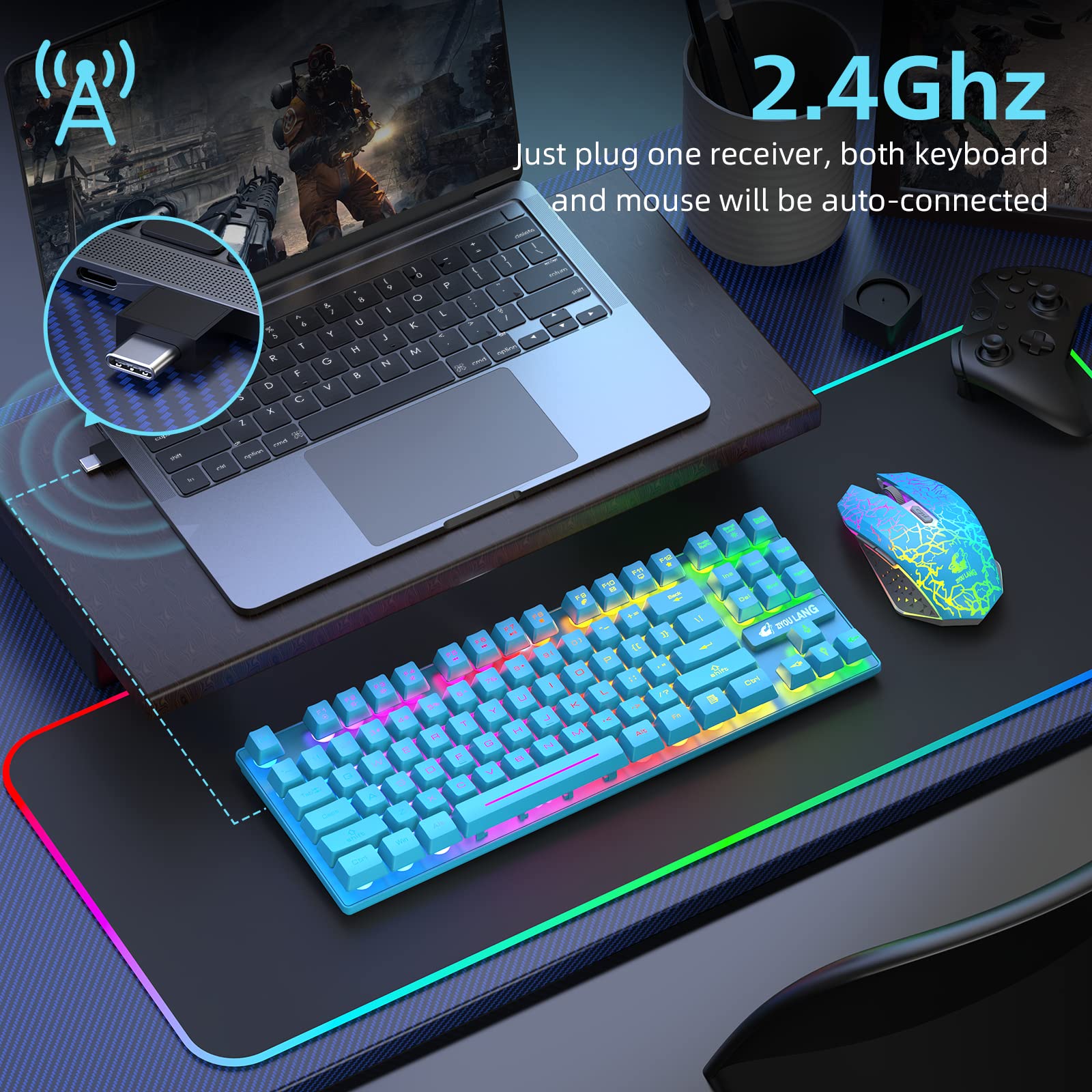 Wireless Gaming Keyboard and Mouse Combo,Rainbow Backlit 87 Keys Membrane Keyboard,2.4GHz Rechargeable 4000mAh Keyboard Mouse, Dual-Head USB&Type C Receiver for PC/Smart Phone/Laptop/Tablet/PS4(Black)