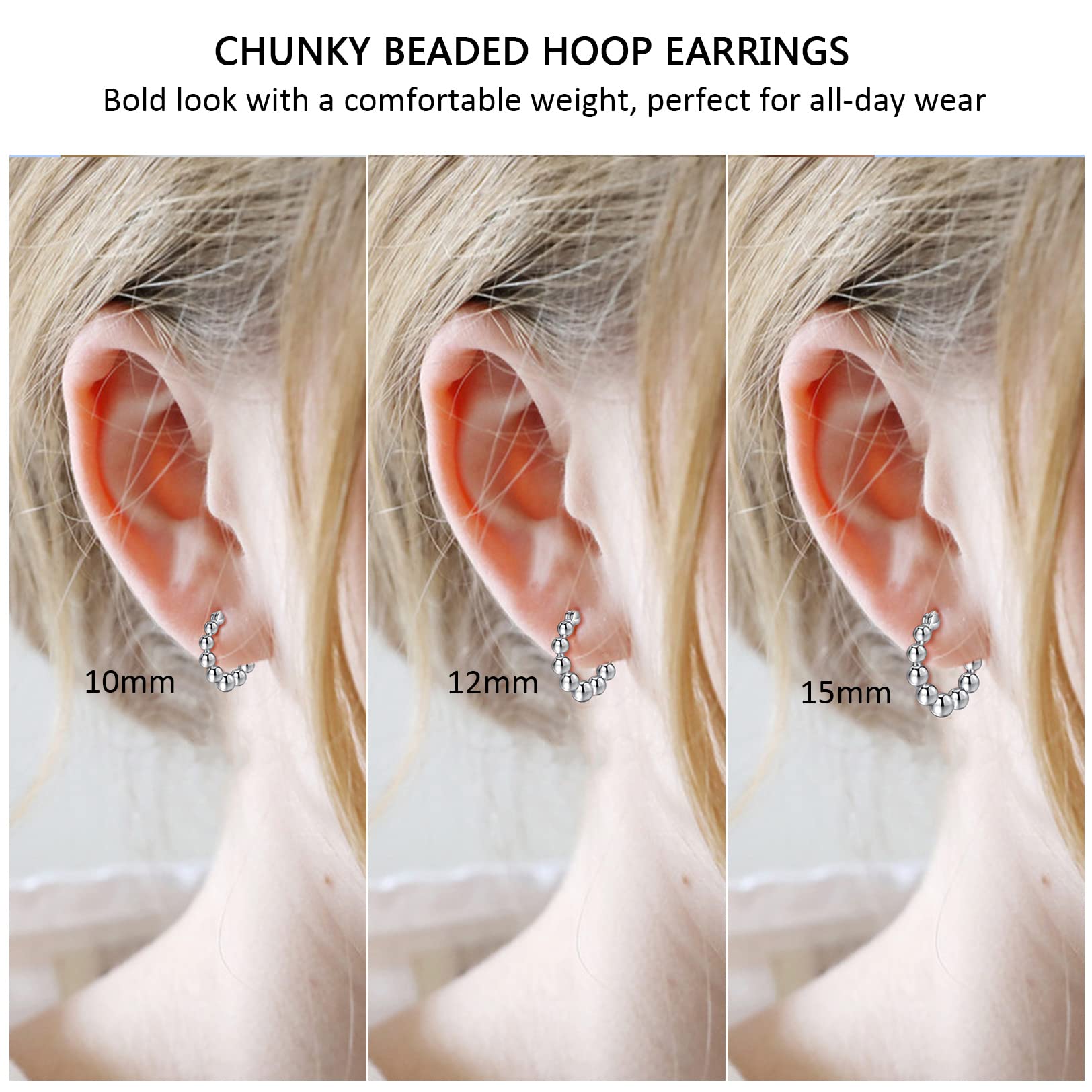 Nupdot Chunky Silver Hoop Earrings for Women | Thick 925 Sterling Silver Post Beaded Ball Huggies Earrings Lightweight Hypoallergenic Hoops Jewelry Gifts. 15mm
