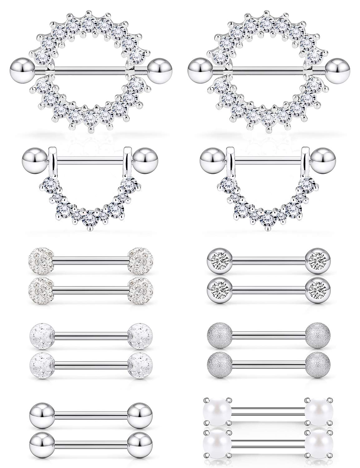 Lcolyoli 8 Pairs 16G Surgical Steel Nipplerings CZ Nipple Piercing Barbell Dangle Nipple Rings for Women Silver-tone