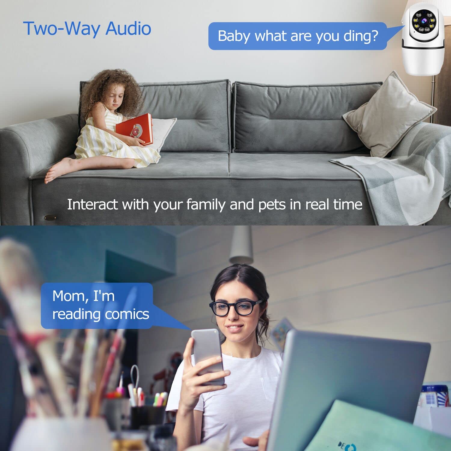 Wireless Indoor Security Camera with Plug to socket no cable,PTZ Smart WiFi Camera Baby Monitor, 360° View 2.4G Camera with Phone APP, Motion Tracking Detection, Two Way Talk, Spotlight On Color Night