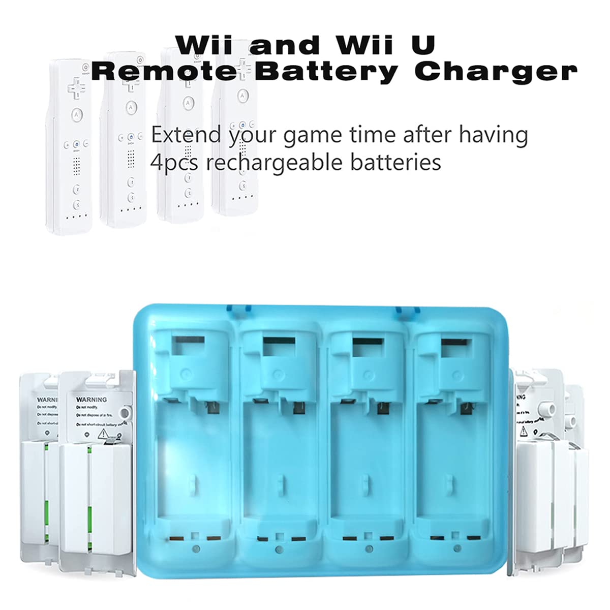 Tuboopy Battery Pack Rechargeable for Wii Remote Charging Station Wii Remote Battery Pack Charger for WII U Controller White (4 Pcs Batteries+USB Cable+Charger Station)