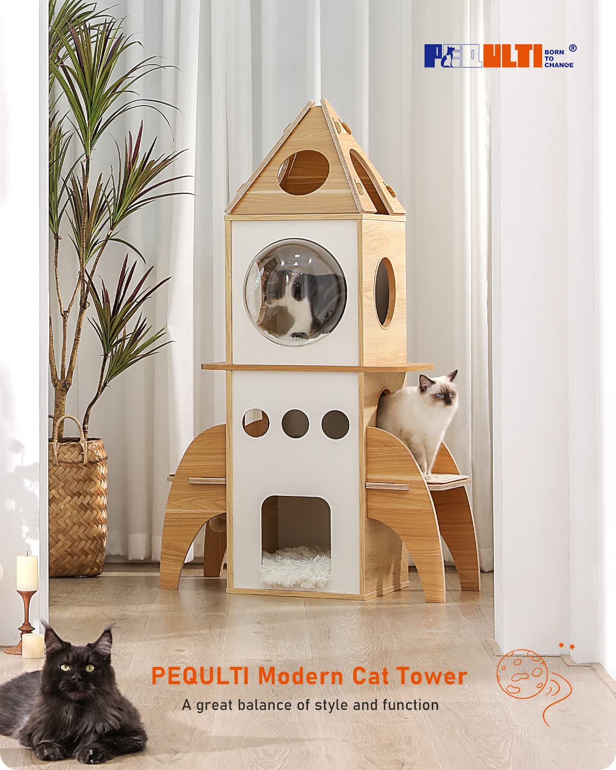 PEQULTI 54 Inches Rocket Multi-Level Cat Tree Spaceship Modern Cat Tower with 3 Spacious Condos, 2 Fuzzy Replaceable Dangling Balls, Attic Perch and Detachable Mats
