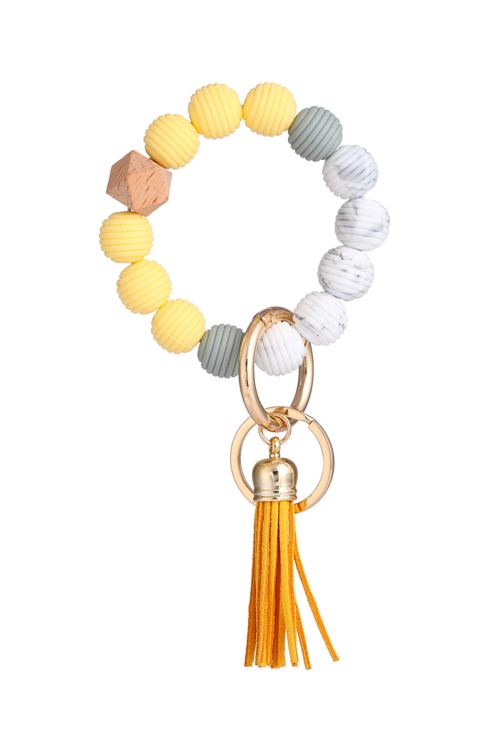 PYMEDY Wristlet Bracelet Keychain for Women Quality Silicone & Hardware Keys Holder Tassel Beaded Keyring Yellow