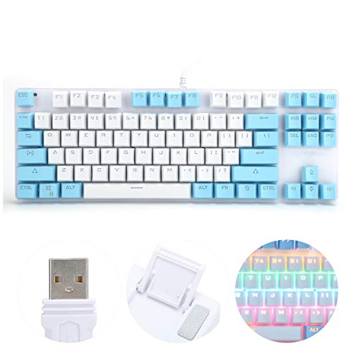Zyyini Bindpo Mechanical Keyboard, 87-Keys Computer Gaming Keyboard with Color Mixed Backlight, USB Wired Keyboard for Desktop ComputerLaptopOffice, Plug and Play (White Blue)