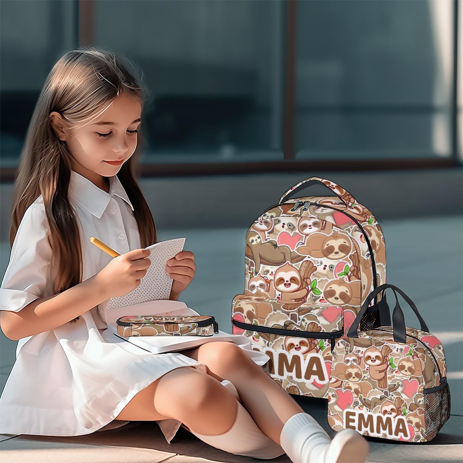 Mercuryelf Personalized Sloth Girls Boys Backpack with Lunch Box Set, 3 in 1 School Travel Backpacks Matching Combo, Cute Brown Bookbag and Pencil Case Bundle