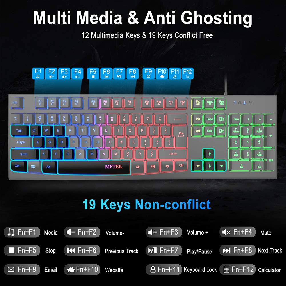 MFTEK Rainbow Gaming Keyboard and Mouse Combo, Wired RGB Backlit Gaming Keyboard and 4 Color Lighted Gaming Mouse Set with Mouse Pad for Computer PC Gamer Laptop Work